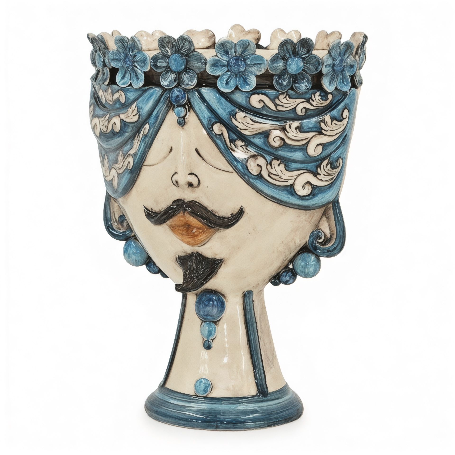 Testa di moro modello Zahira uomo con fiori decoro ornato blu e ...